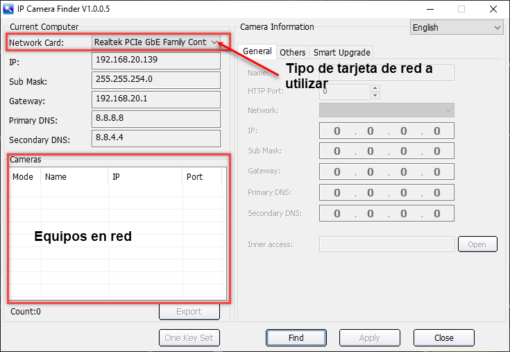 Herramienta para cámaras de Meriva Home para escanear la red para ...
